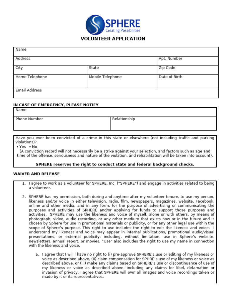 Sphere Volunteer Application | PDF | Indemnity | Common Law