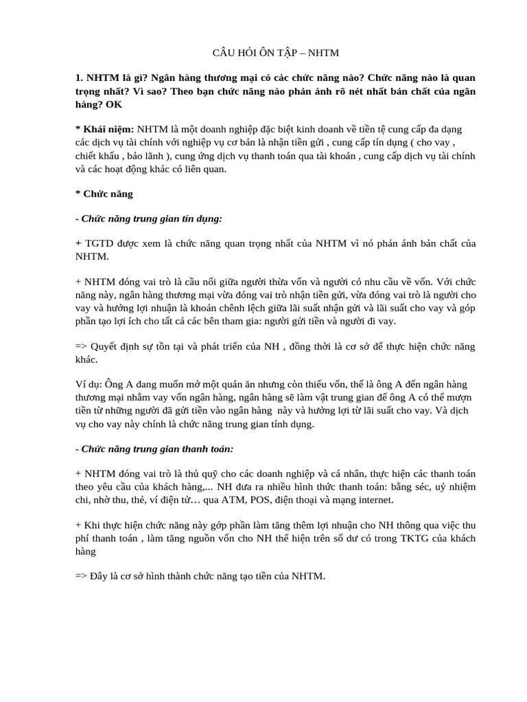 CÂU HỎI ÔN TẬP NHTM | PDF