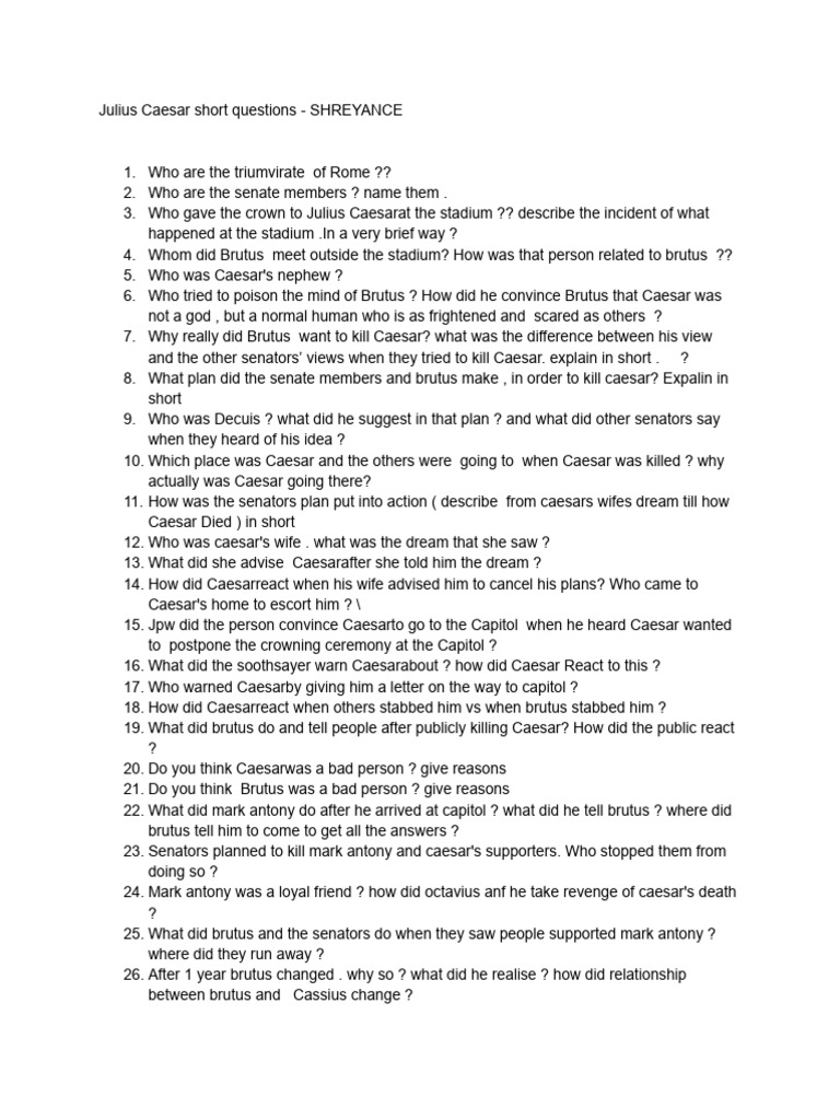 Julius Caesar Short Questions - SHREYANCE | PDF | Julius Caesar | Mark ...