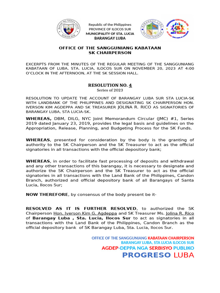 SK Account Update Resolution | PDF | Philippines | Banking