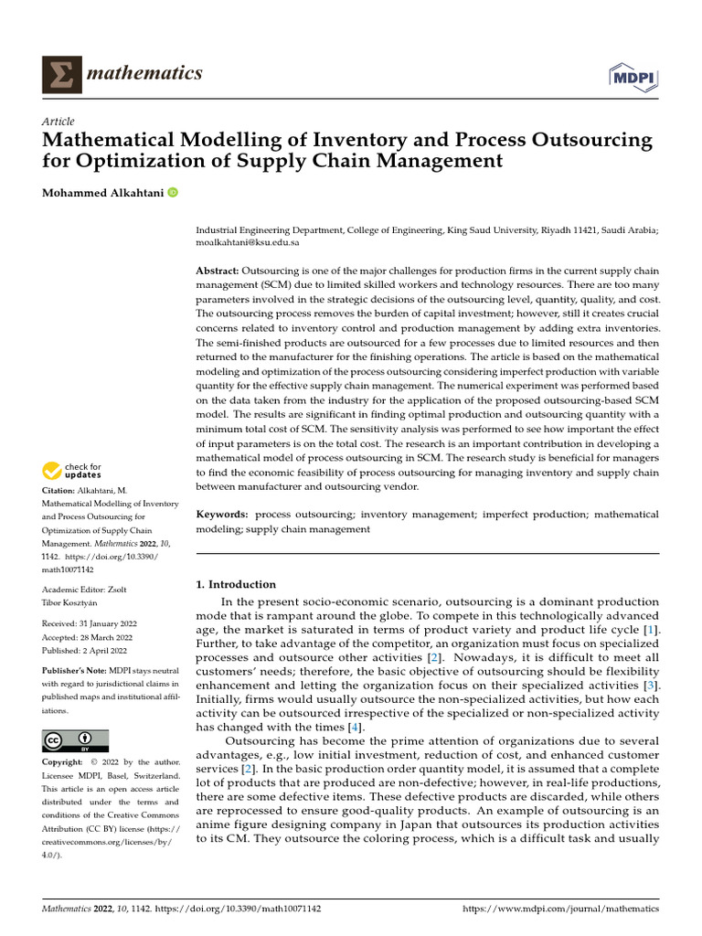 Mathematics 10 01142 v2 | PDF | Supply Chain | Outsourcing