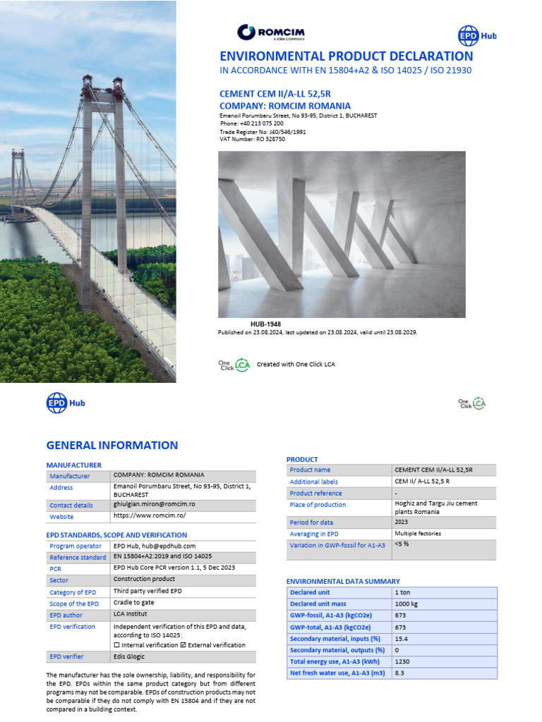 Romcim Cement EPD CEM II/A-LL 52,5R | PDF | Environmental Impact ...
