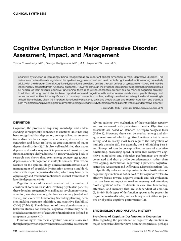 Cognitive Dysfunction in Major Depressive Disorder | PDF ...