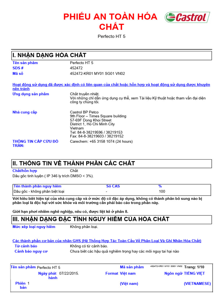 MSDS Dau Truyen Nhiet Castrol Perfecto ht5 | PDF