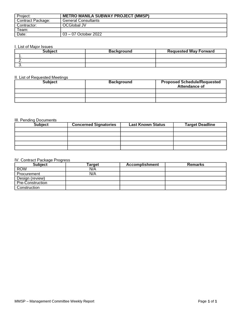 MMSP - Pilot ManCom Weekly Report Template v1 | PDF