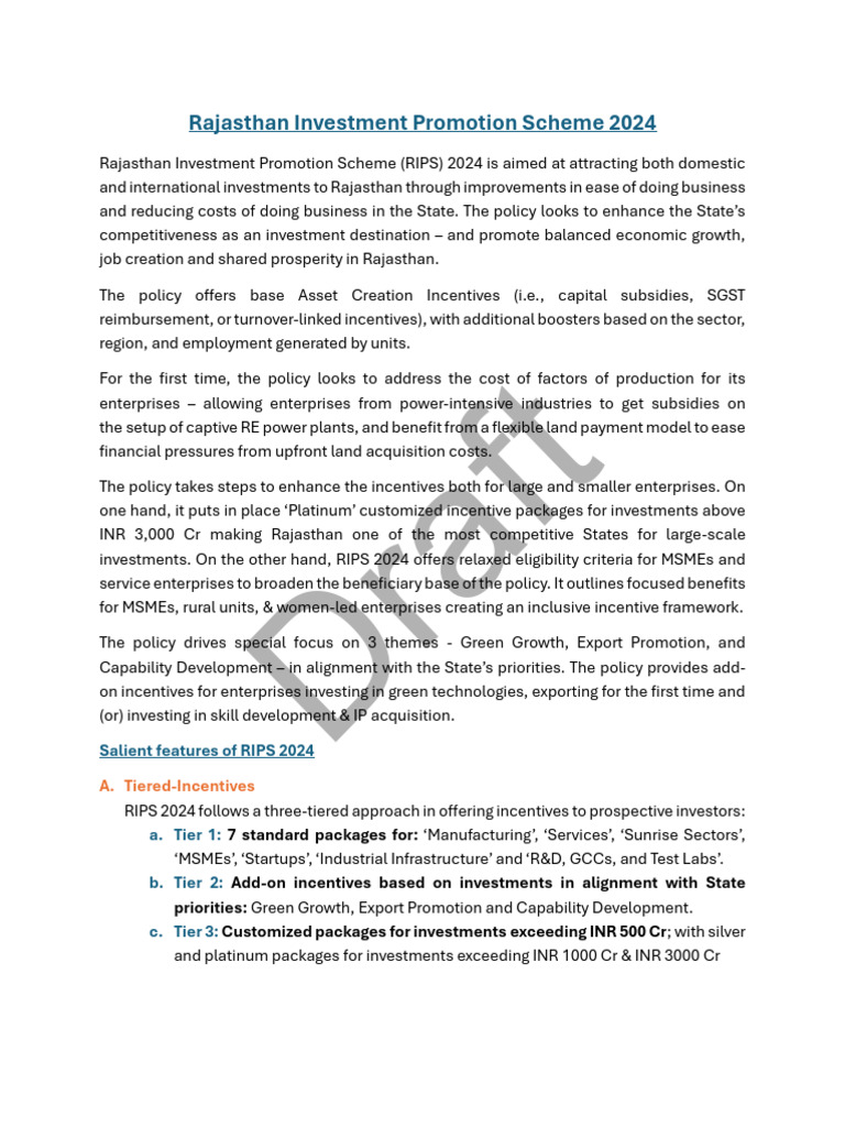 RIPS 2024: Rajasthan Investment Details | PDF | Subsidy | Investing