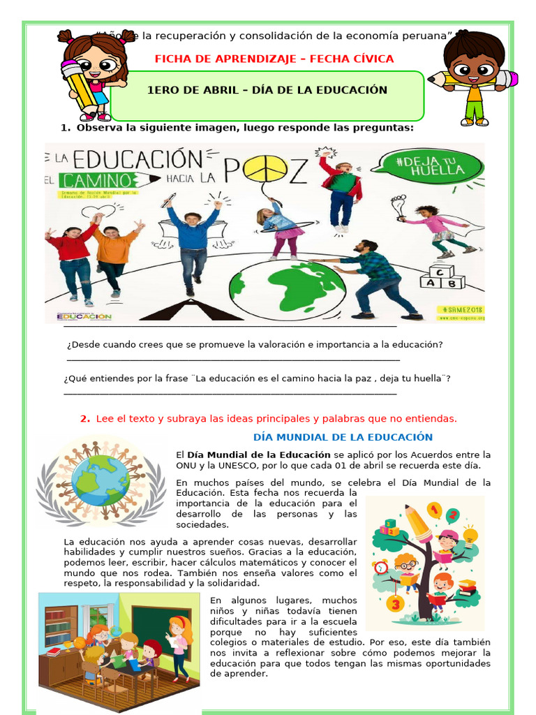 Ficha-Fecha Cívica-1ero de Abril - Día de La Educación | PDF | Aprendizaje