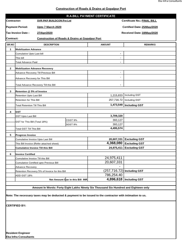 Final Bill (RA Bill - 05) - SVRR PKP - Road and Drain - Eka Infra | PDF | Concrete | Building ...