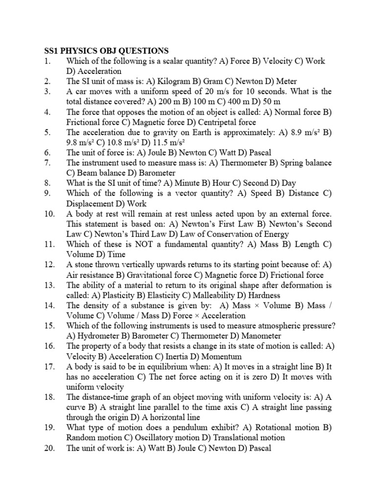 Ss1 Physics Obj Questions | PDF | Force | Mass