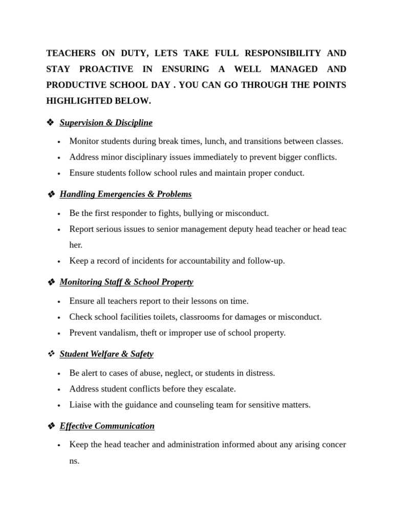 Teacher Duty Responsibilities Overview | PDF