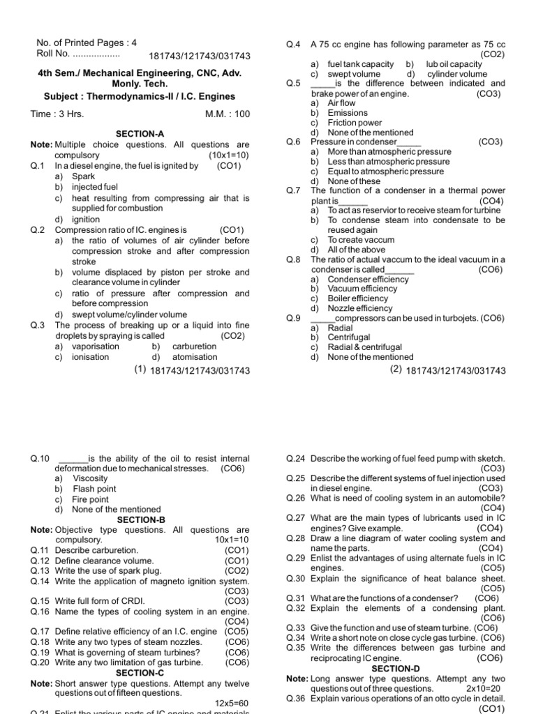Mech 4 Sem Thermodynamics 2 181743 Feb 2022 | PDF | Engines | Internal ...