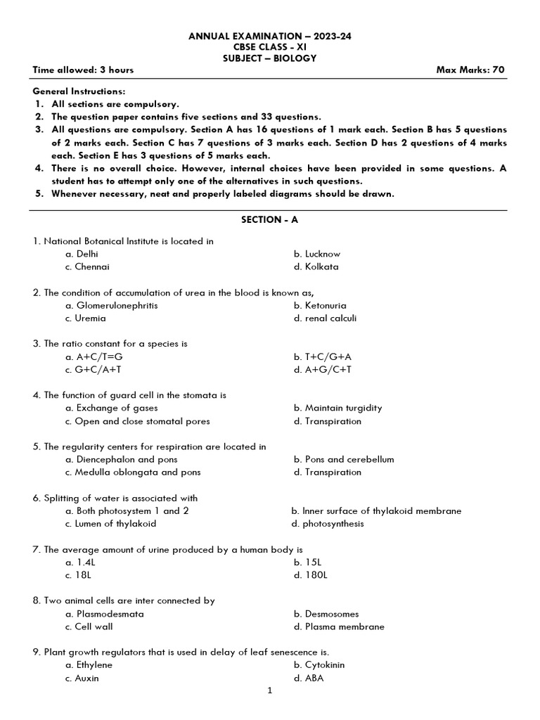Class Xi - Biology - Annual - QP | PDF | Tissue (Biology) | Endocrine System