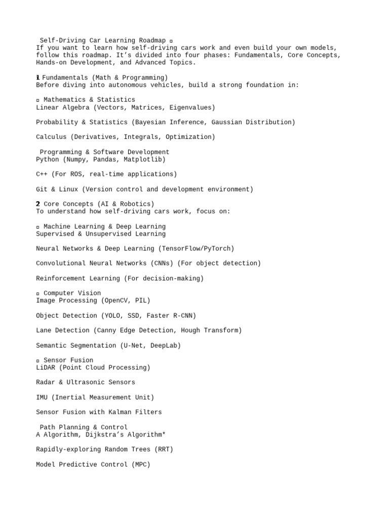 Self Driving Car Roadmap | PDF | Deep Learning | Computer Vision