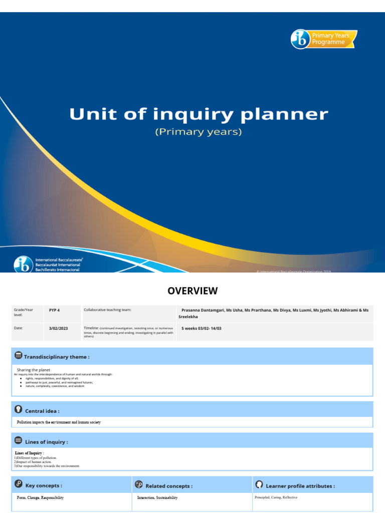 UOI - Planner - Unit 6 Pollution | PDF | Learning | Teachers