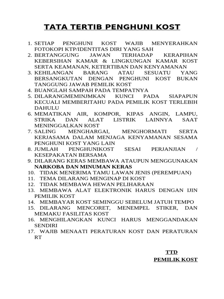 Tata Tertib Penghuni Kost | PDF