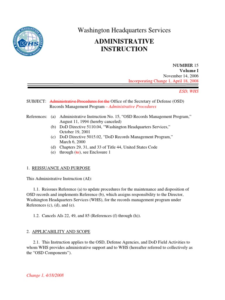 Administrative Instruction 15 - Volume 1 Office of The Secretary of ...