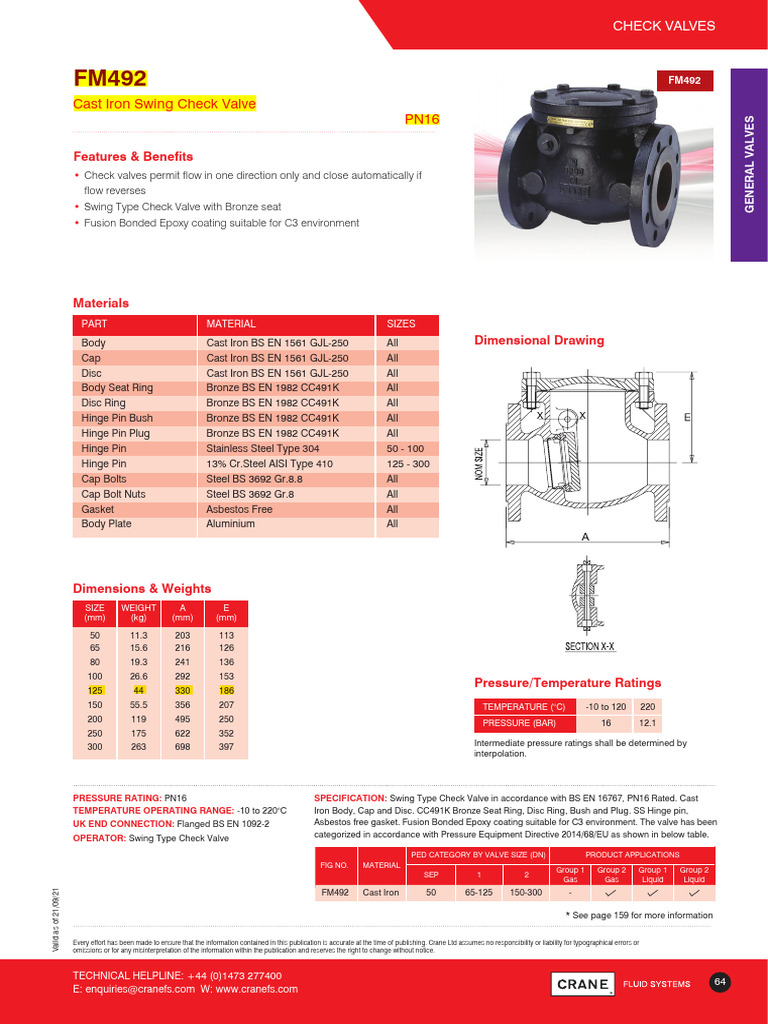 FM492 Check Valve CraneFS DS 1021 | PDF | Valve | Mechanical Engineering
