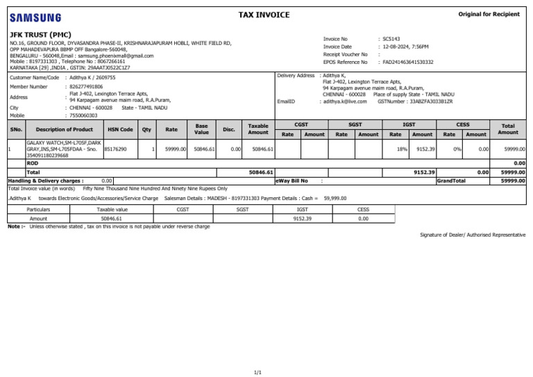GST Invoice for Galaxy Watch Purchase | PDF | Public Finance | Taxation