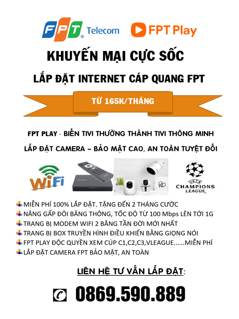 Khuyeán Maïi Cöïc Soác: Laép Ñaët Internet Caùp Quang FPT | PDF