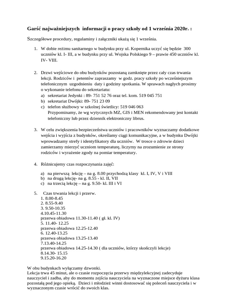 Garść Najważniejszych Informacji o Pracy Szkoły Od 1 Września 2020r 2 | PDF