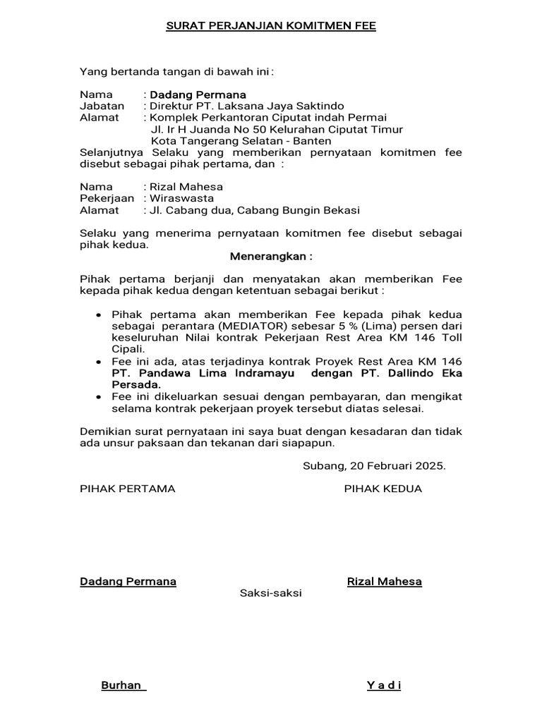 Surat Perjanjian Komitmen Fee PT Laksana | PDF