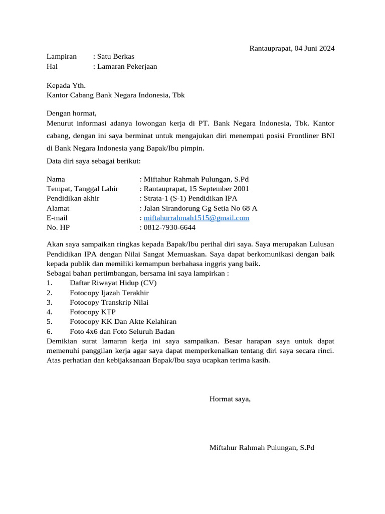 Surat Lamaran Kerja Frontliner BNI | PDF