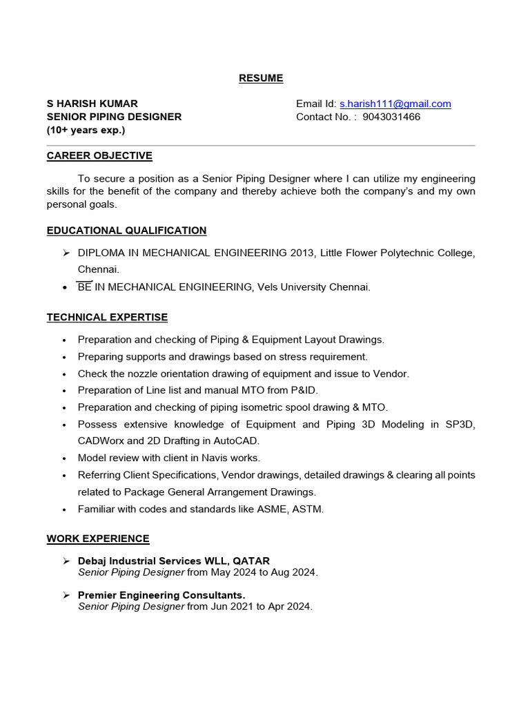 Harish Kumar - CV - Piping Designer | PDF | Mechanical Engineering