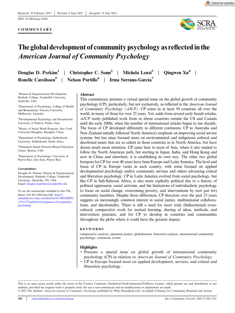 American J of Comm Psychol - 2023 - Perkins - The Global Development of Community Psychology As ...