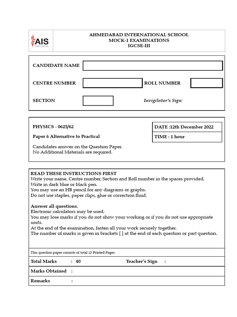 Ais 2022-23 Igcse-Iii Mock-1 Phy-P6 | PDF | Optics