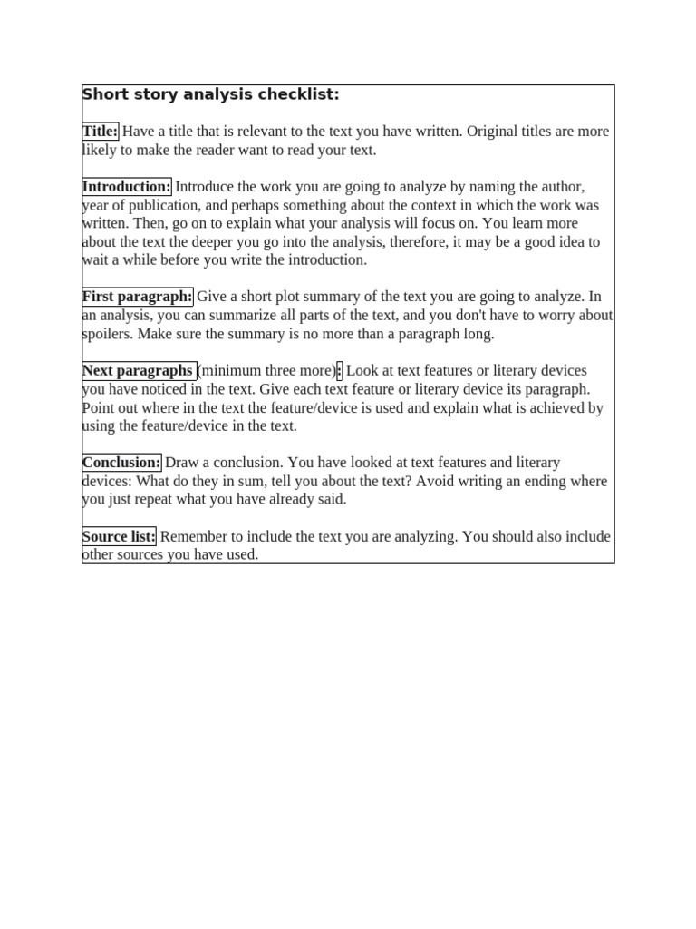 Short Story Analysis Checklist PDF | PDF