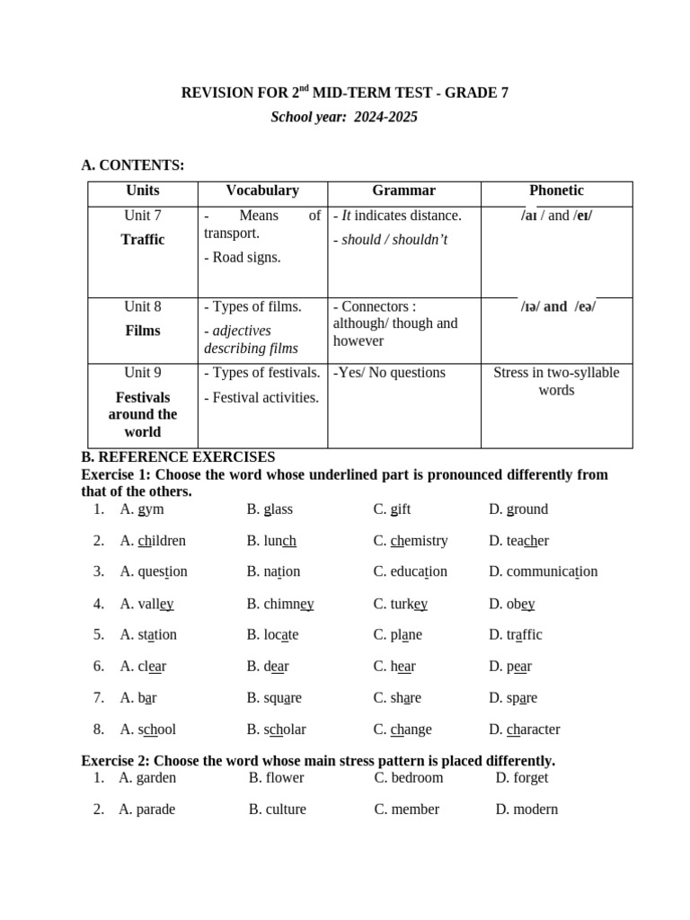 Grade 7 Mid-Term Test Revision Guide | PDF