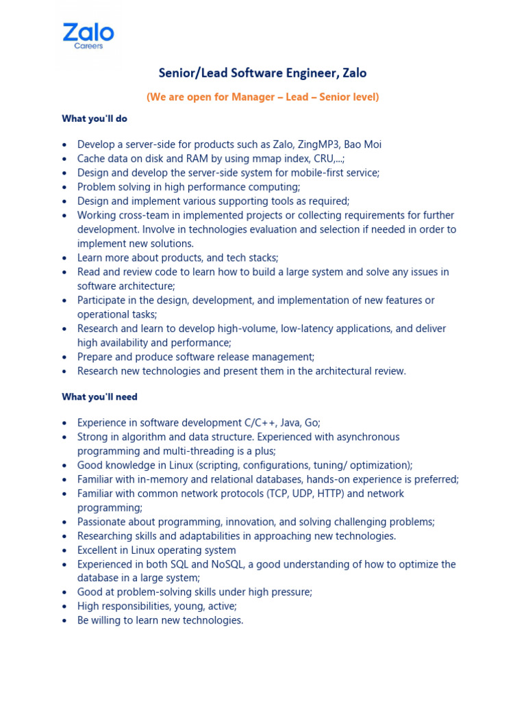 Zalo Lead Senior Software Engineer | PDF