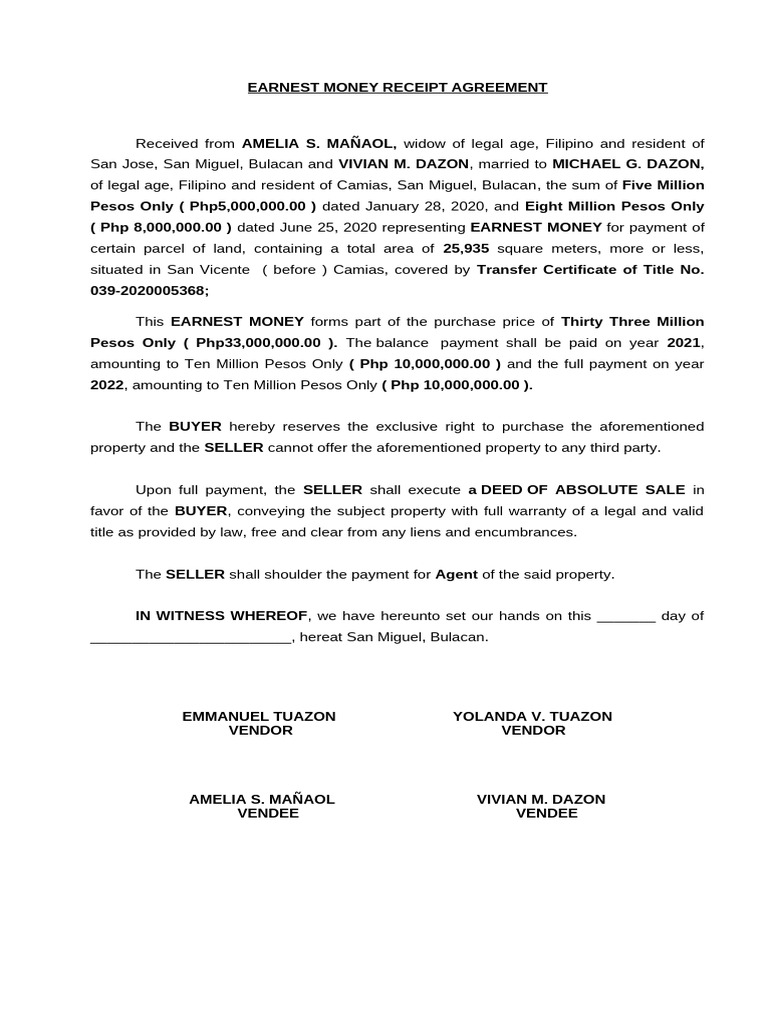 Earnest Money Receipt Agreement | PDF | Common Law | Civil Law (Common Law)