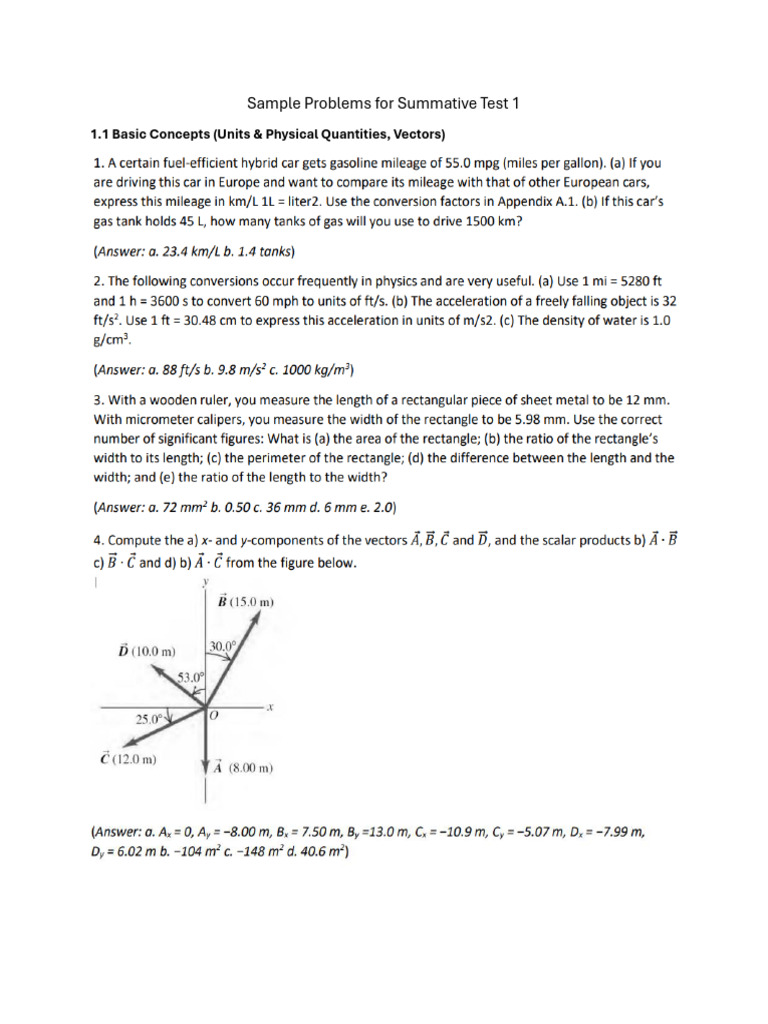 Sample Problems for Physics Test 1 | PDF