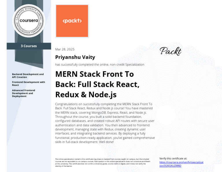 MERN Stack Full Stack Development Certificate | PDF