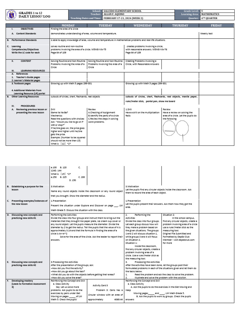 DLL_MATHEMATICS 5_Q4_W2 | PDF | Area | Circle