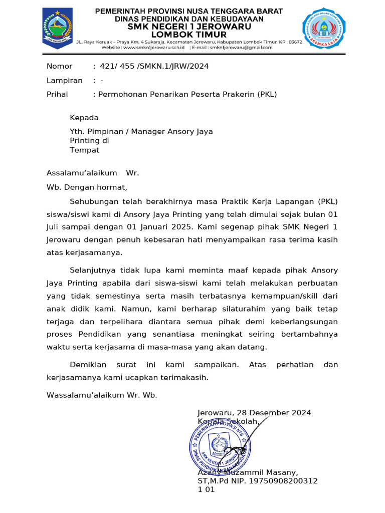 Surat Penarikan PKL | PDF