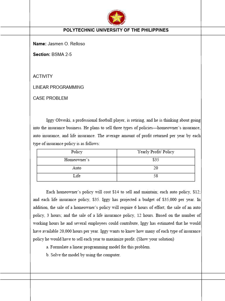 Activity Linear Programming | PDF | Linear Programming | Insurance