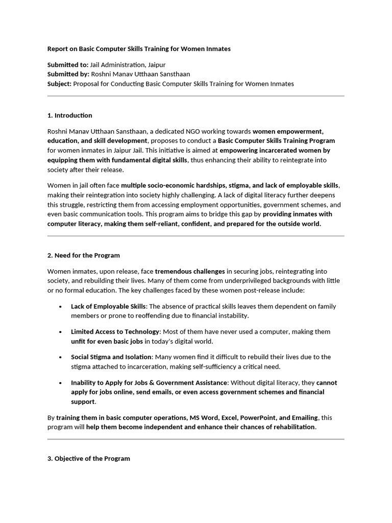 Report On Basic Computer Skills Training For Women Inmates | PDF ...