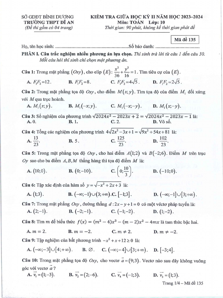 De Giua Hoc Ky 2 Toan 10 Nam 2023 2024 Truong THPT Di An Binh Duong | PDF