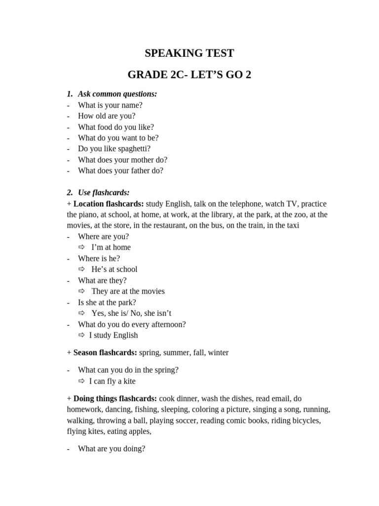 SPEAKING TEST Let's Go 2 Unit 6,7,8 | PDF