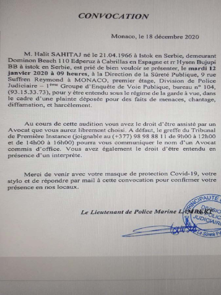 Monaco Police Summons – Halit Sahitaj – 2020 | PDF