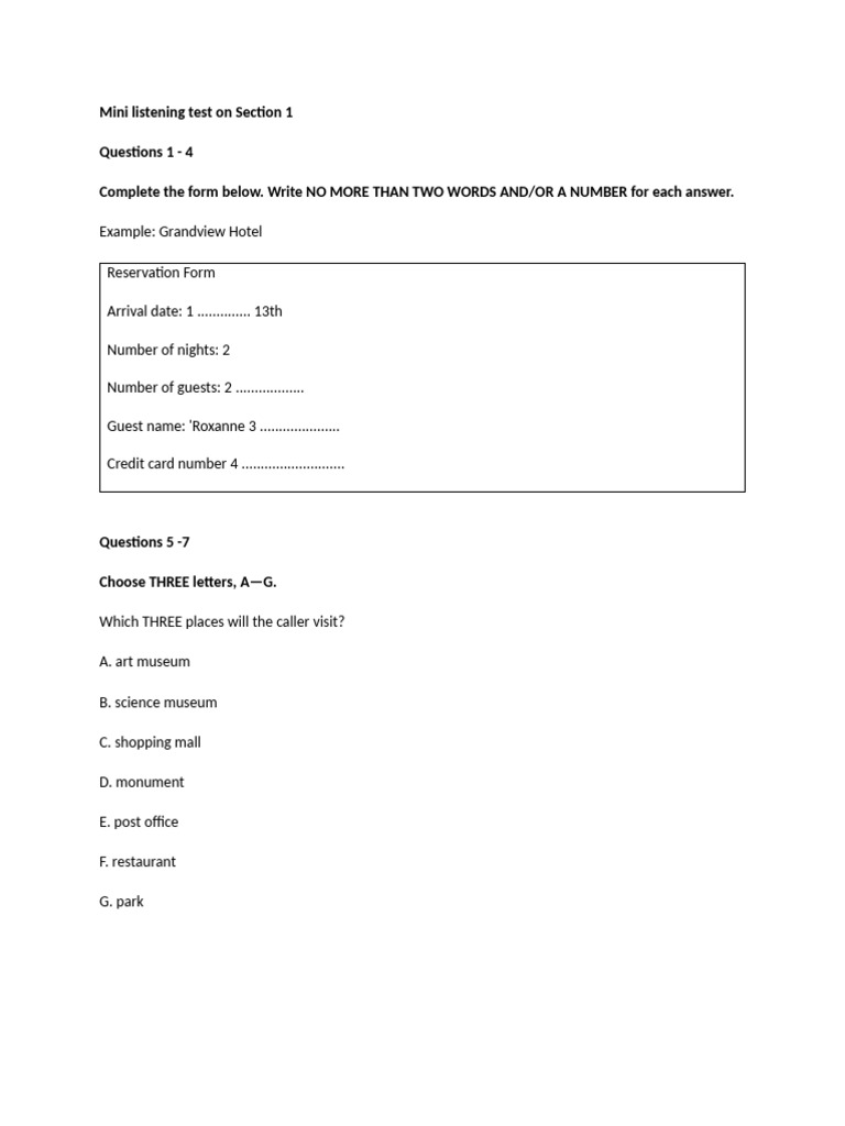 Mini Listening Test: Section 1 | PDF