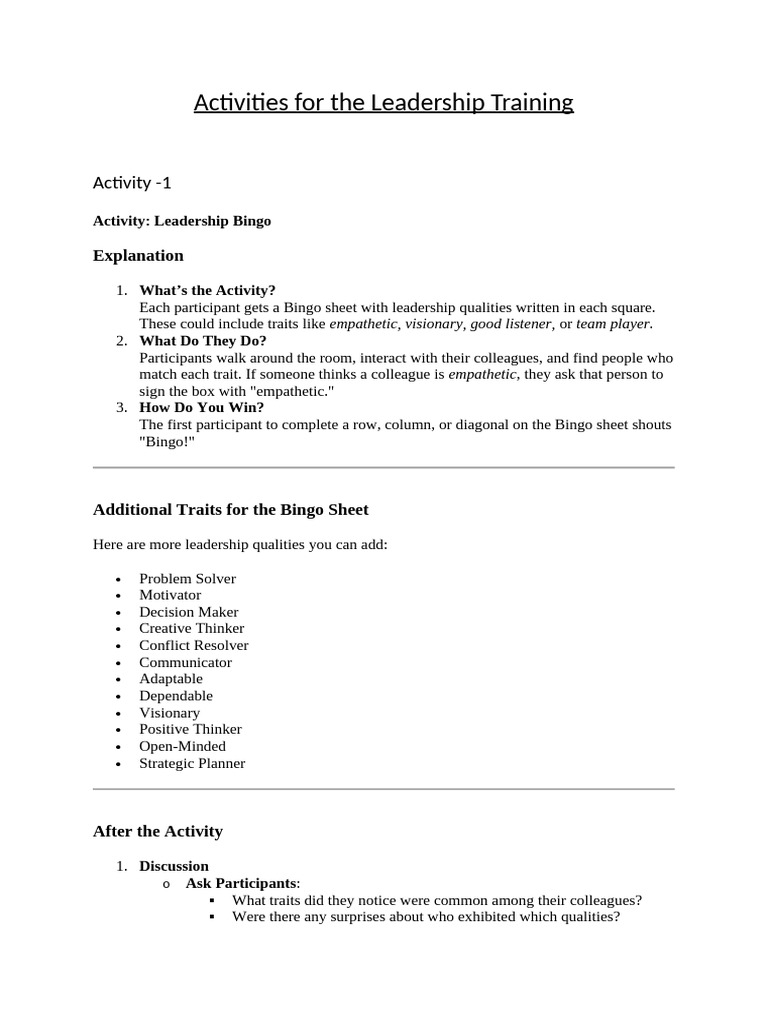Activities for the Leadership Training | PDF | Leadership | Nonverbal ...
