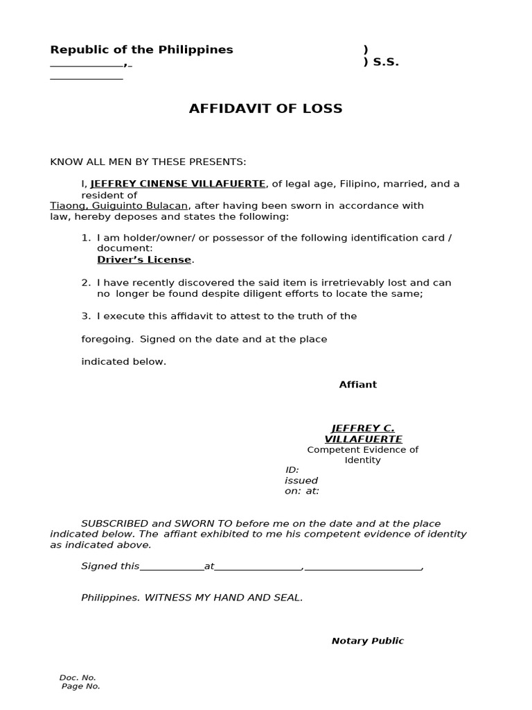 Affidavit of Loss for Driver's License | PDF