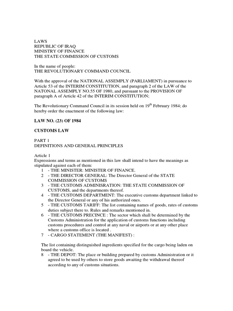 Iraq Customs Law No. 23 of 1984 | PDF | Customs | Taxes