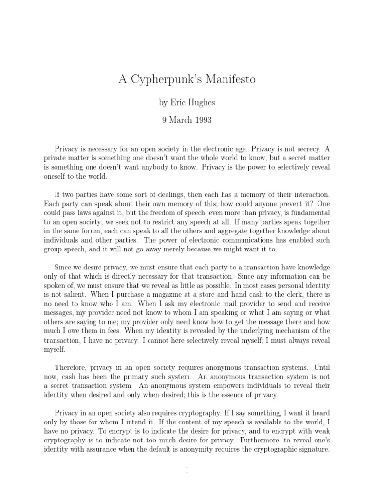 Cypherpunk Manifesto by Eric Hughes | PDF | Privacy | Cryptography