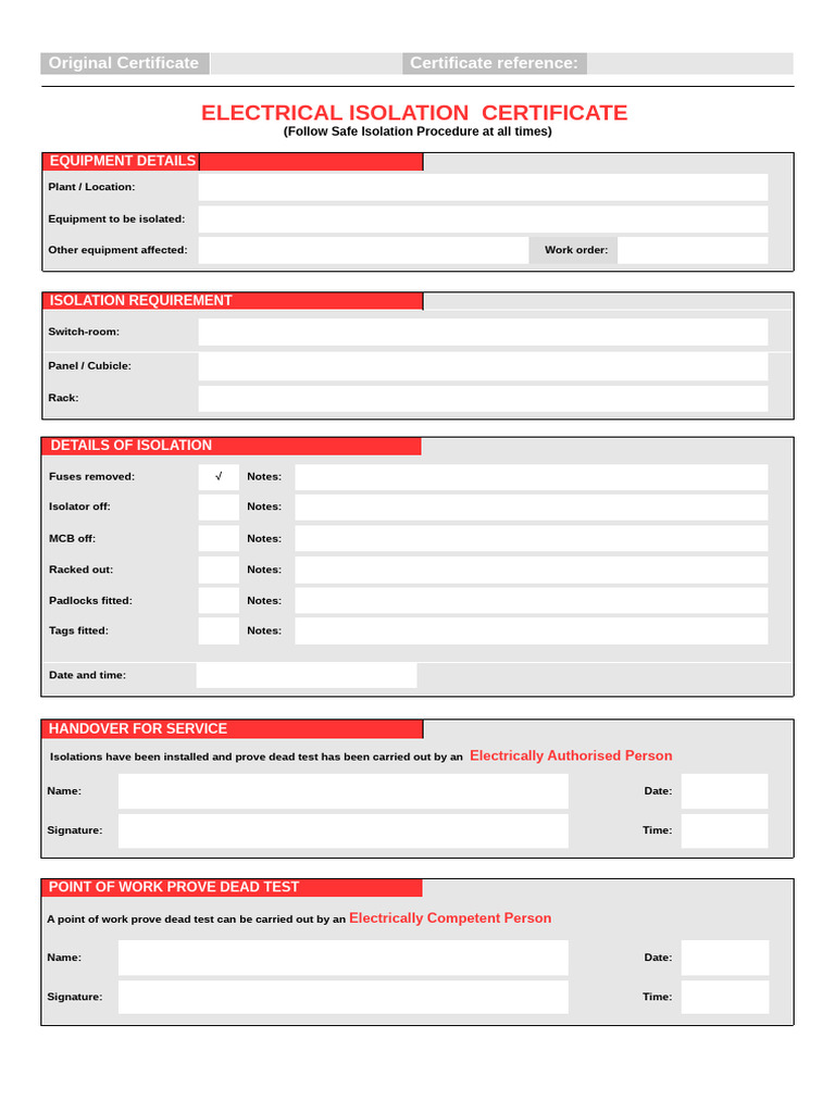 Electrical Isolation Certificate - Red | PDF
