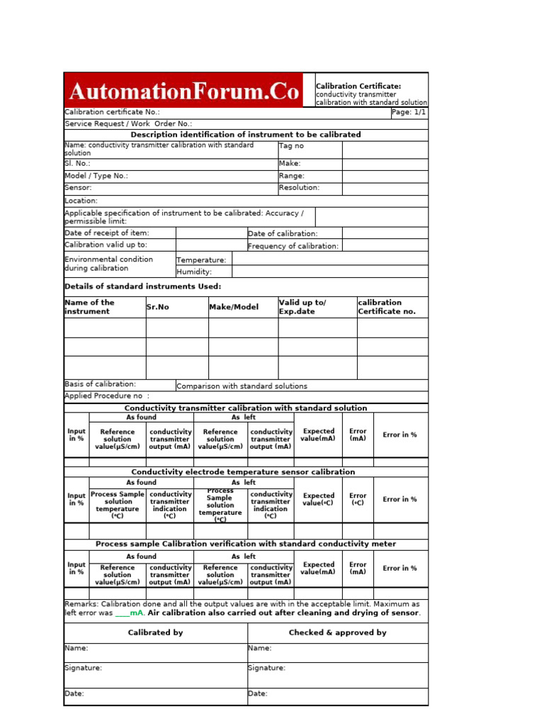 Template For Calibration Report of Conductivity Transmitter | PDF ...