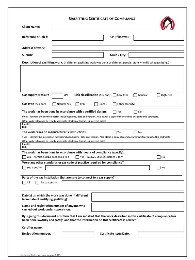 Gasfitting Compliance Certificate Template | PDF